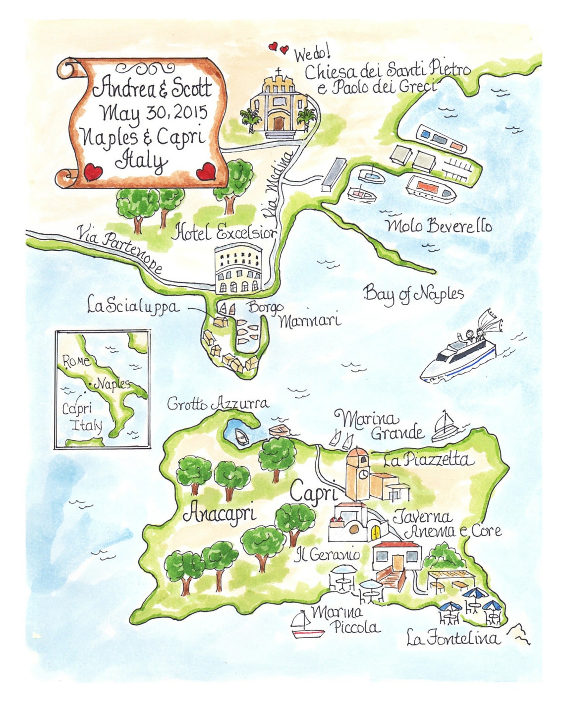 Wedding Map, Watercolor Map, Hand Drawn Map of Capri, Italy, Made to ...