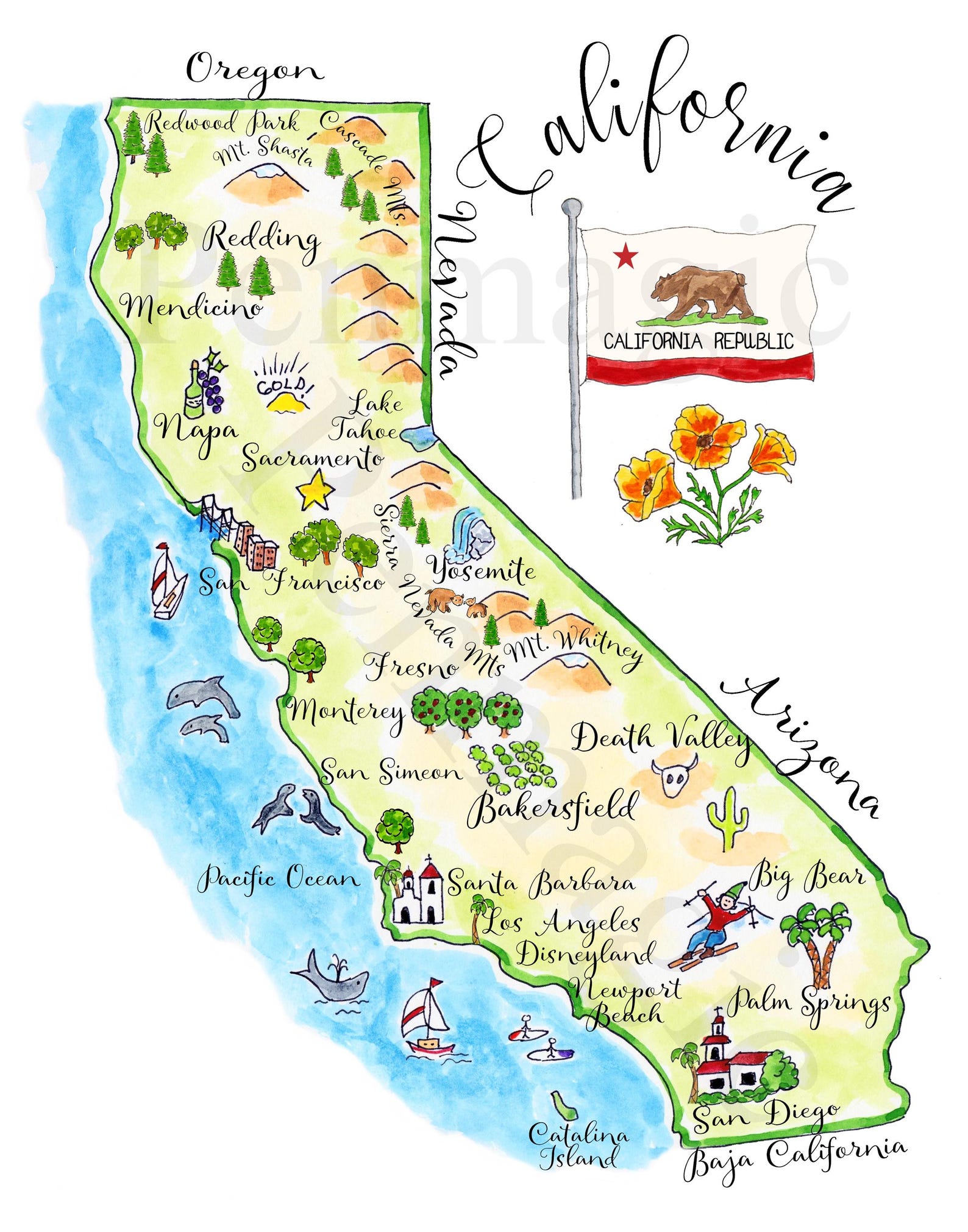 California Map Digital, Water Color Map of California, Hand Drawn ...