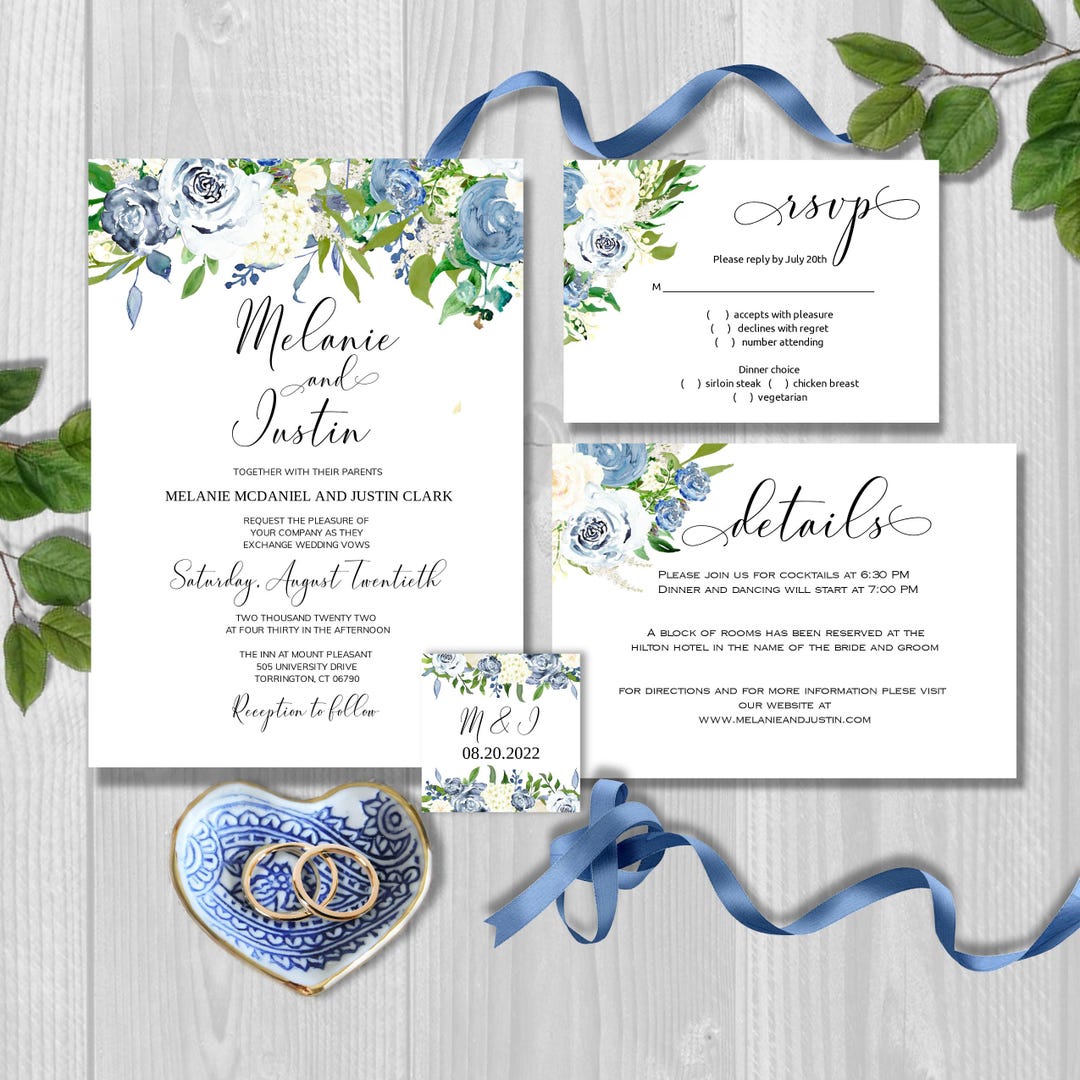 Wedding Invitation Blue Roses Template Invitation, Editable Digital ...