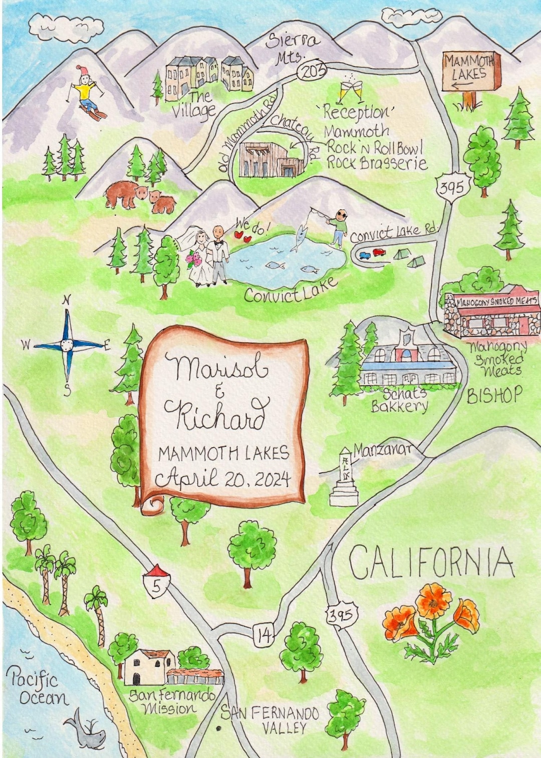 Custom Wedding Map of Place of Your Choice, Watercolor Wedding Map ...