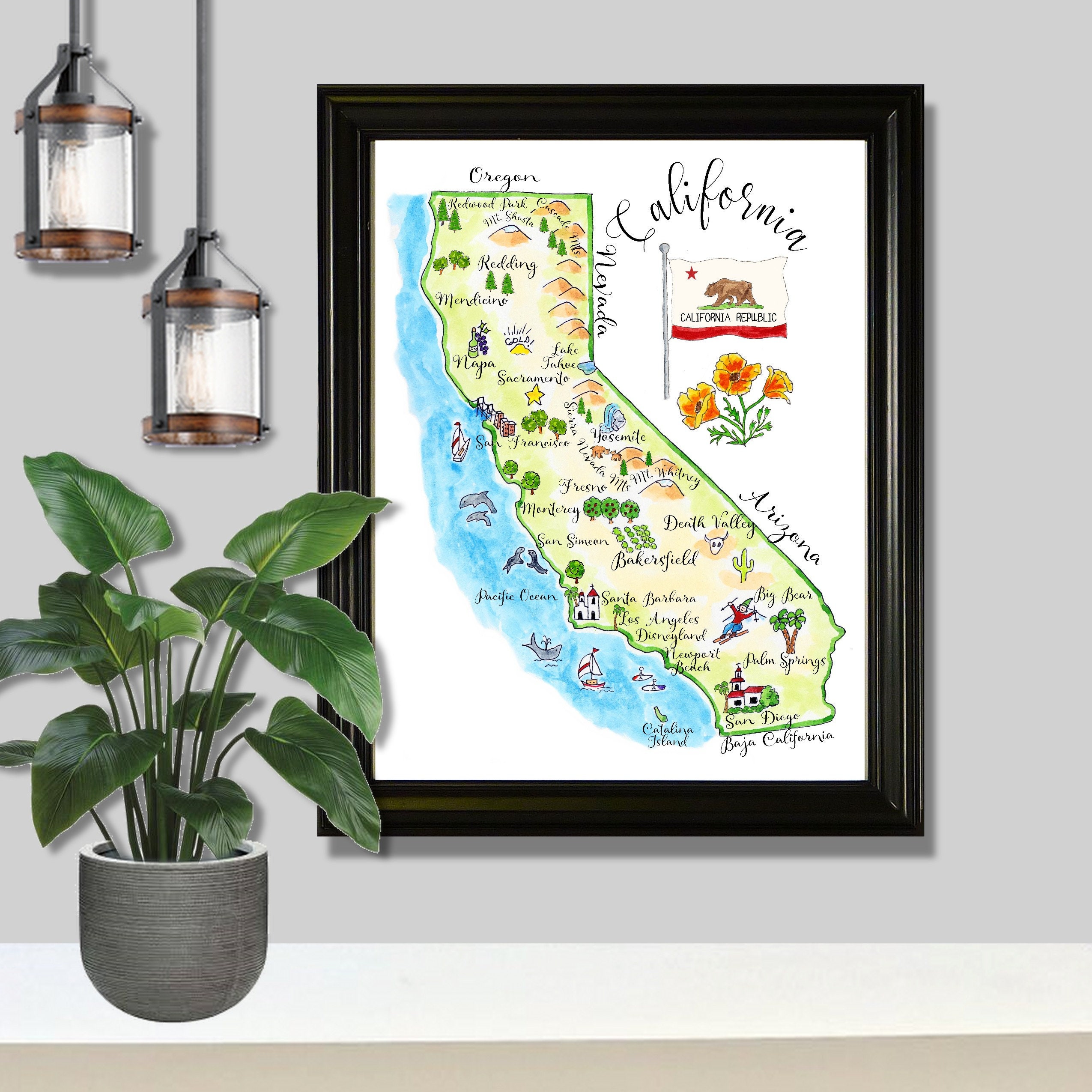 California Map Digital, Water Color Map of California, Hand Drawn ...