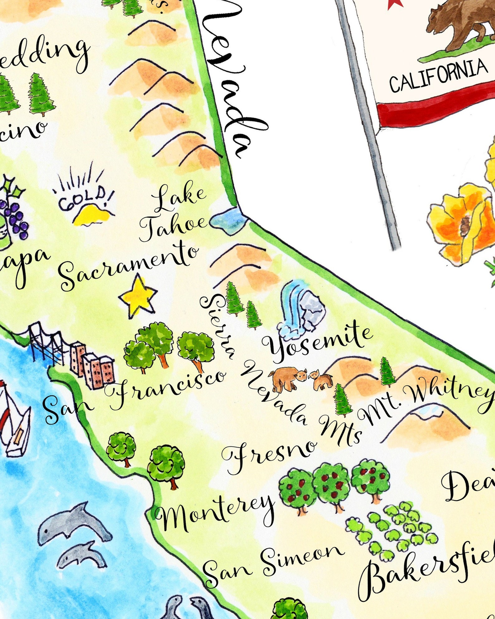 California Map Digital, Water Color Map of California, Hand Drawn ...