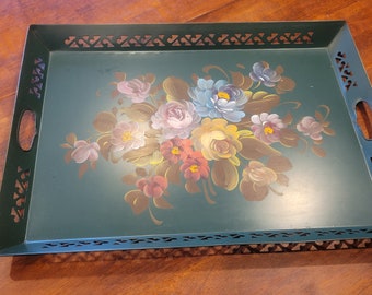 Vintage Tole Tray Oblong Dark Teal Floral Serving Tray Metal Art Vanity ...