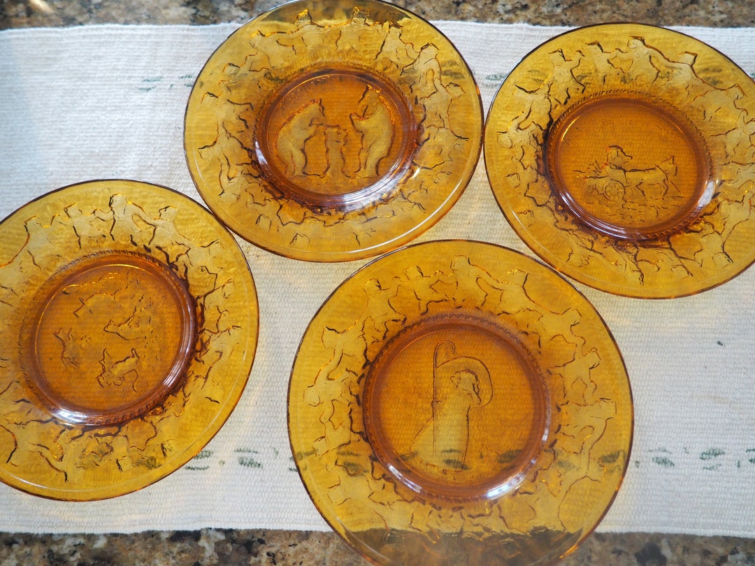Amber Nursery Rhyme Plates / Set of 4/ Indiana Amber Glass/ New Baby ...