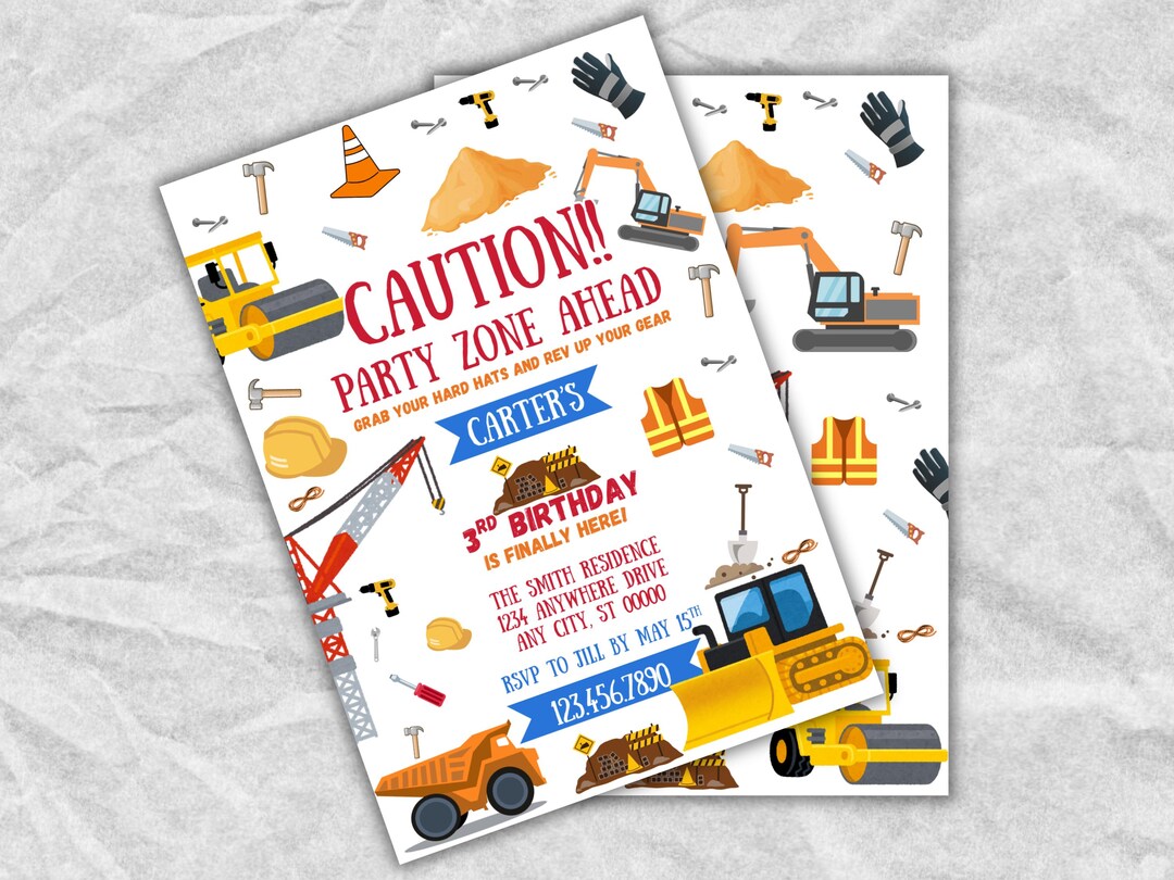 Construction Themed Birthday Invitation Template - Editable Canva ...