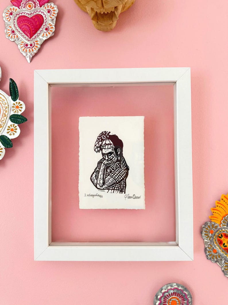 Frida Kahlo Black Ink Linocut Print | Handmade Lino Print | Puebla ...