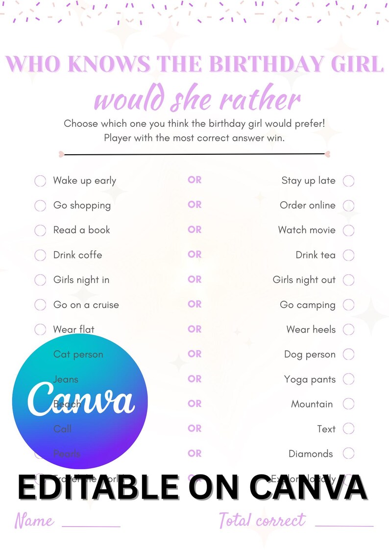 Girls Birthday Party Quiz Printable | Fun Would She Rather Game | Who ...