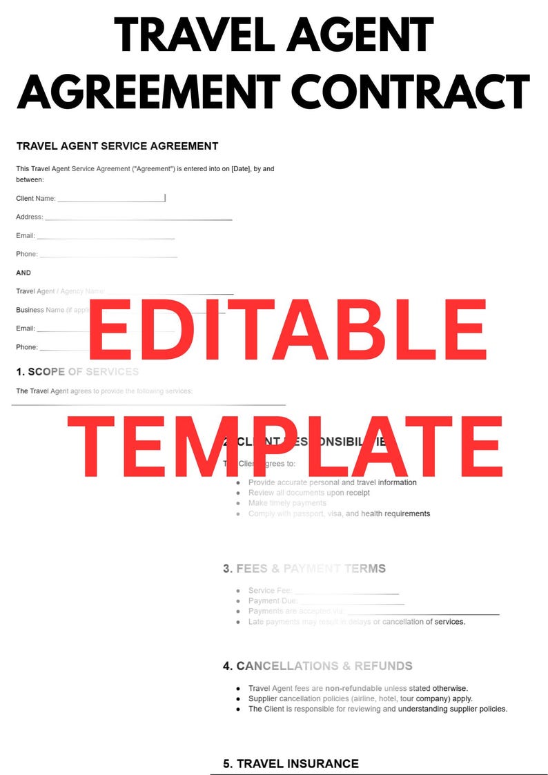 Travel Service Contract Template | Editable Travel Agent Forms | Trip ...