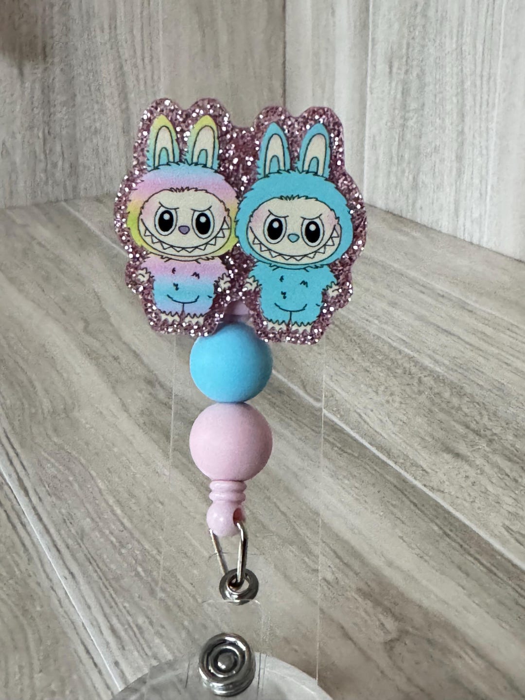 Pink & Blue Labubu Acrylic Badge Reel - Character ID Holder ...