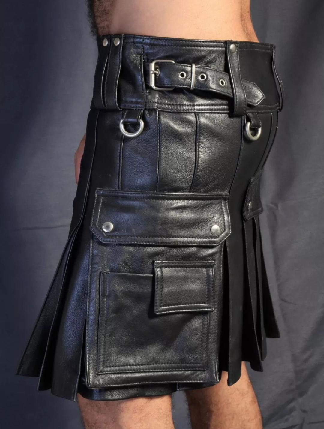 Handmade Men's Genuine Leather Cargo Pockets Pleated Kilt, Cosplay ...