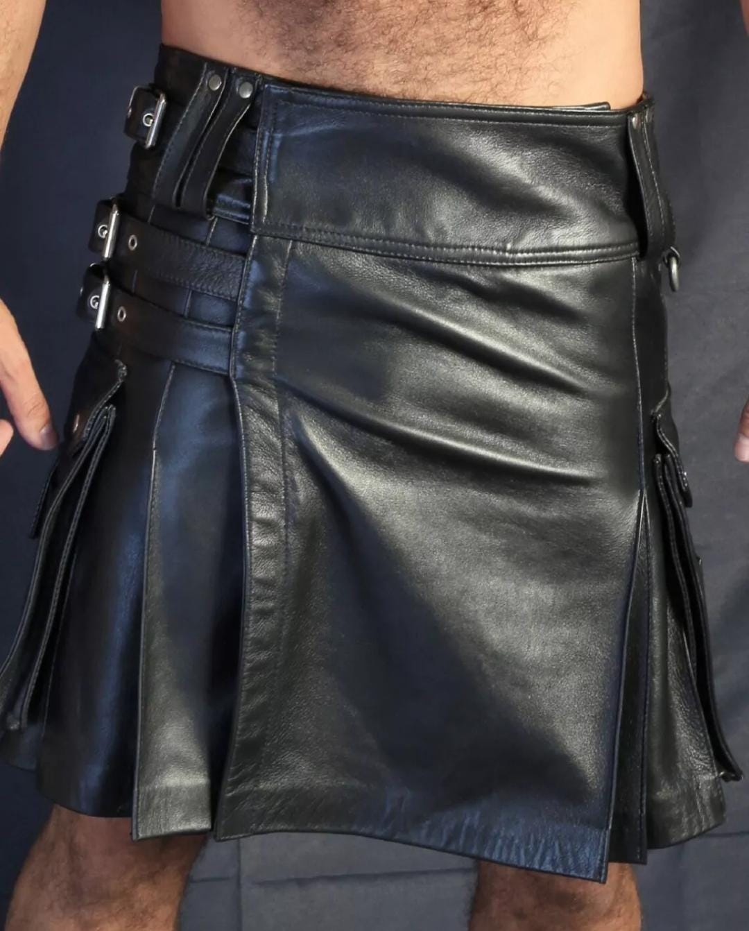 Handmade Men's Genuine Leather Cargo Pockets Pleated Kilt, Cosplay ...