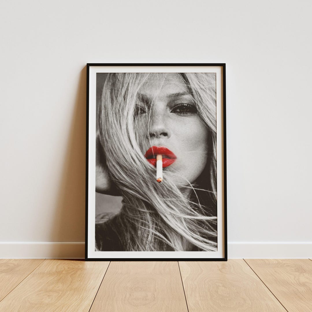 Kate Moss Glam Poster Vintage Printable Red Lips Fashion Decor Wall Art ...
