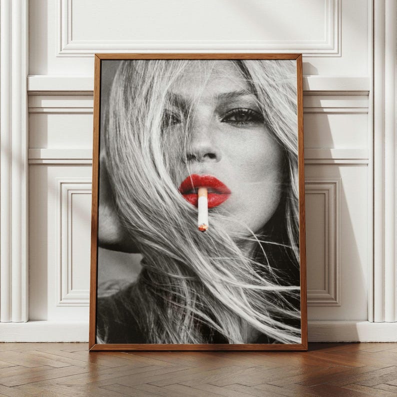 Kate Moss Red Lips Wall Art Black and White Supermodel Poster Digital ...