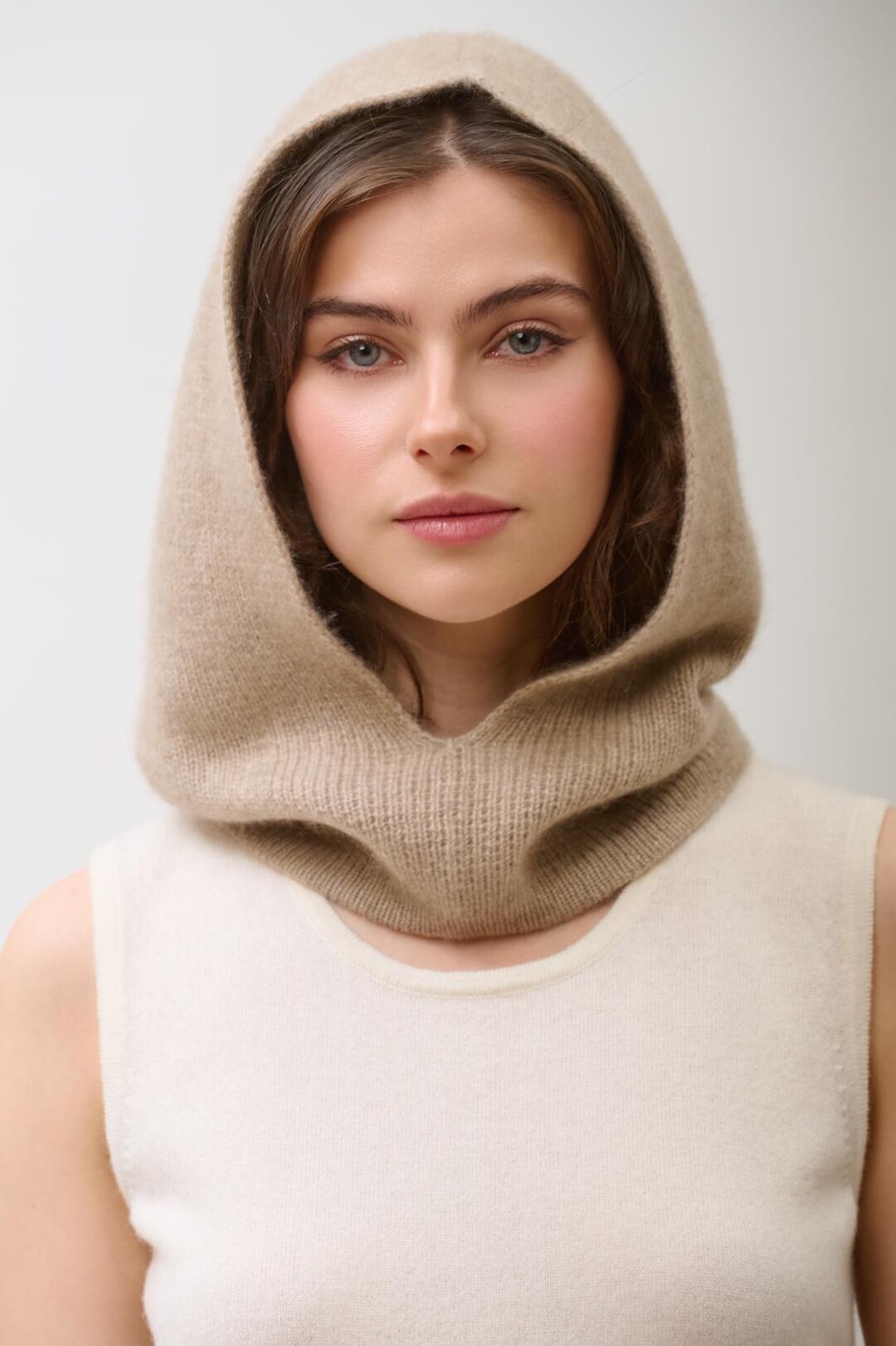 100% Cashmere Hood Taupe, Pure Mongolian Cashmere Balaclava, Knit ...
