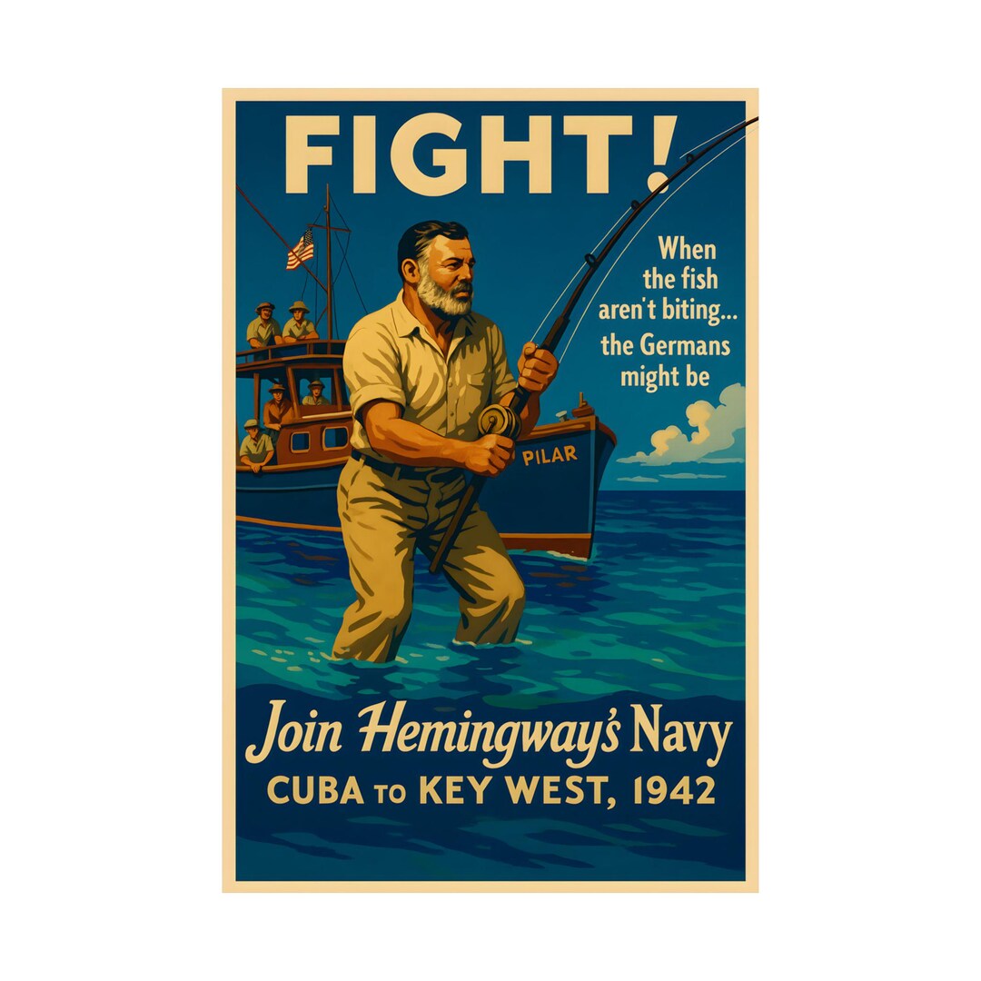 Hemingway Fishing Poster: Retro WWII Propaganda Art Print - Etsy