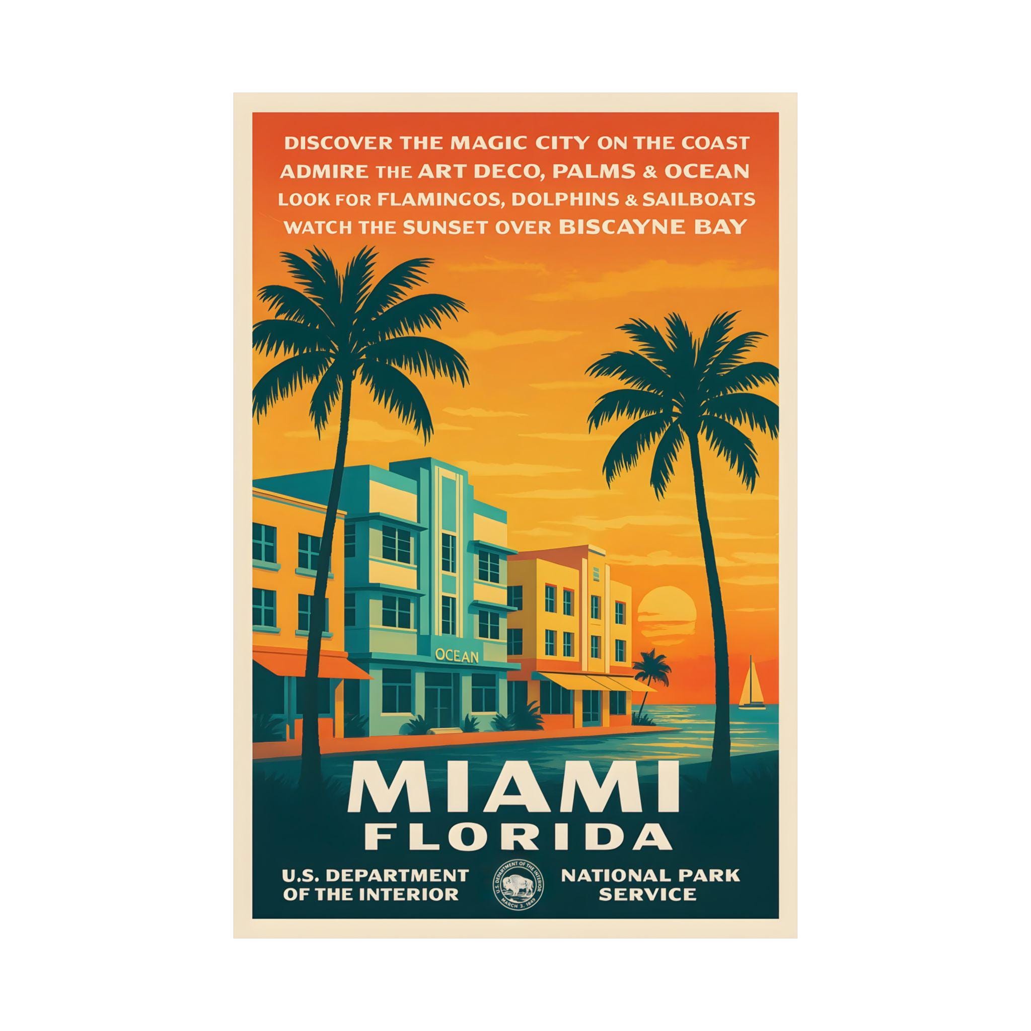 Miami Florida Poster, Vintage WPA Style Wall Art, Art Deco Ocean Drive ...