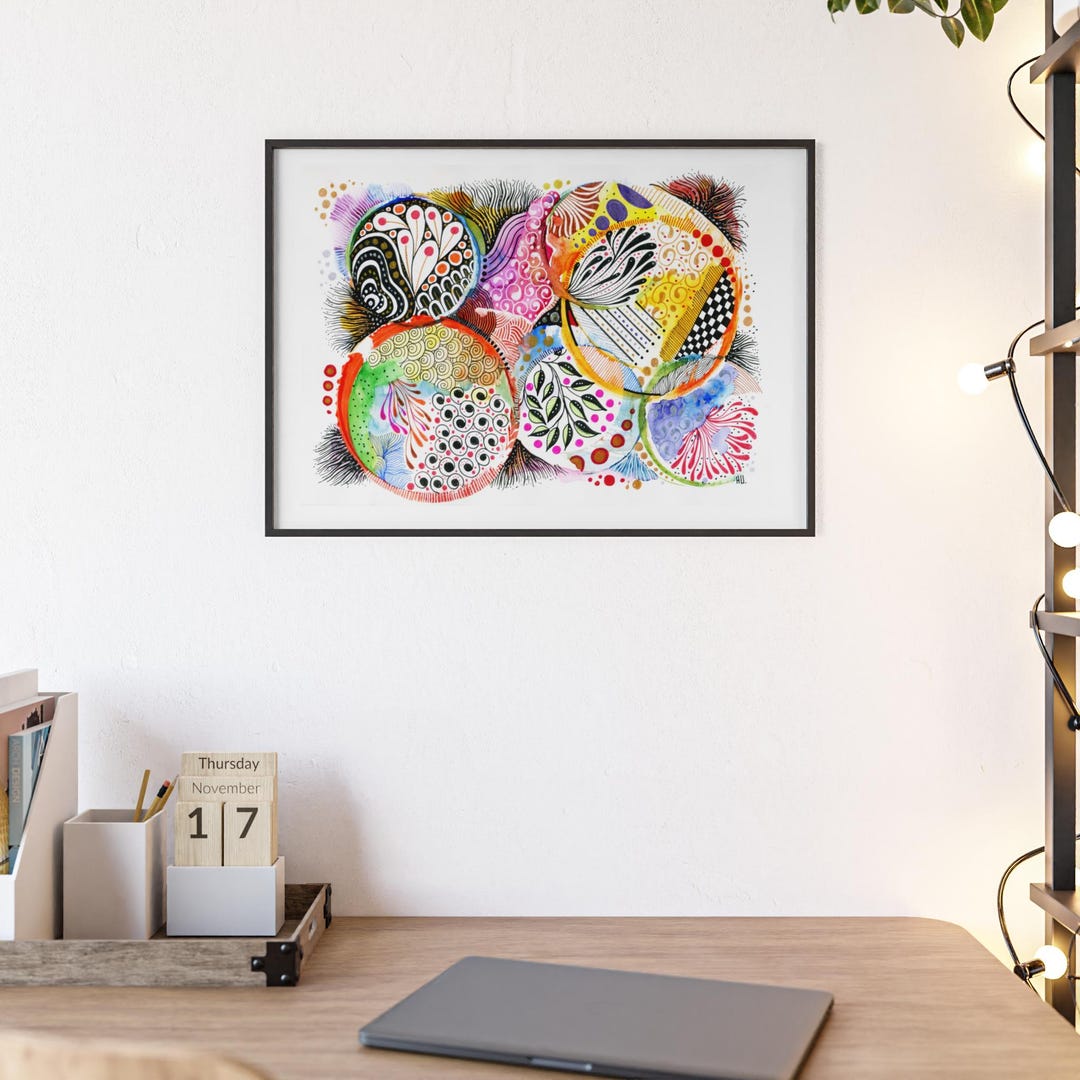 Colorful Zentangle Art Print With Wooden Frame, Bohemian Wall Decor ...