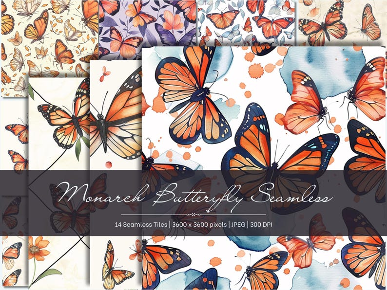 Seamless Monarch Butterfly Digital Paper 12x12" Watercolor Pattern ...