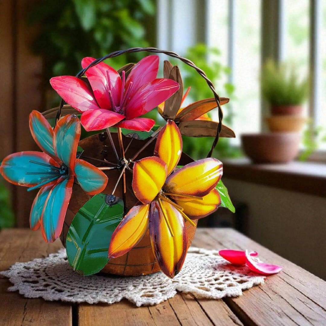 Handmade Metal Lily Flowers Arrangement in Barrel Pot Colorful Garden ...