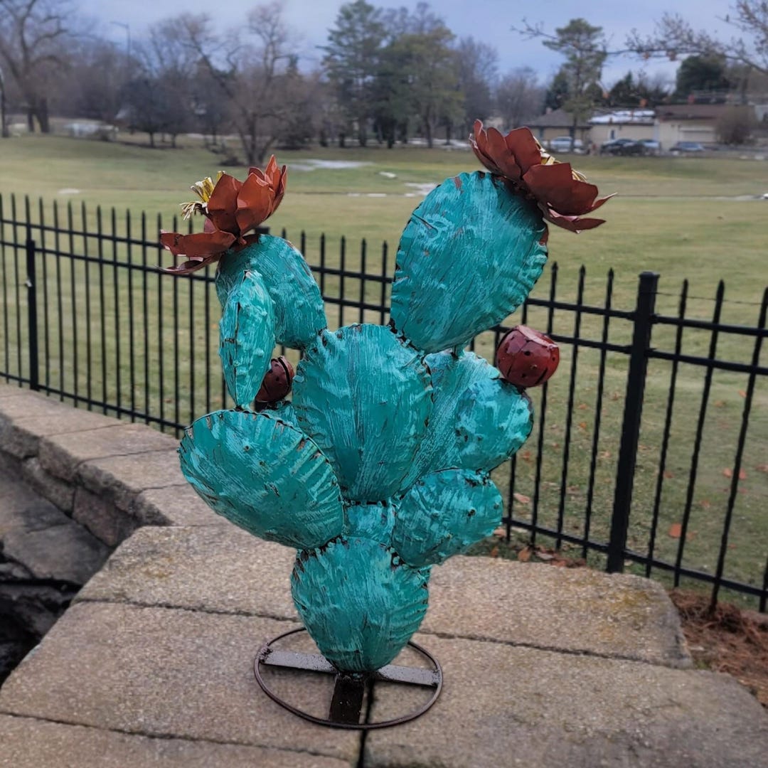 Handmade Metal Art Cactus Nopales Rustic Turquoise Home Garden Decor - Etsy