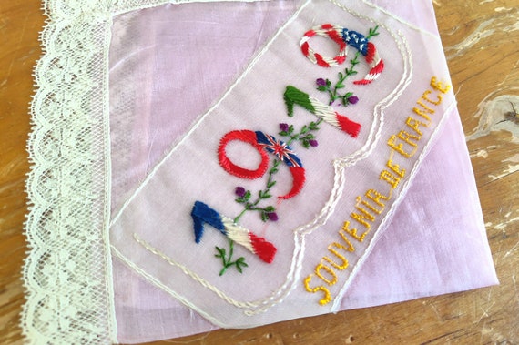 Antique Silk Embroidered Hankie WWI Allies Handkerchi… - Gem