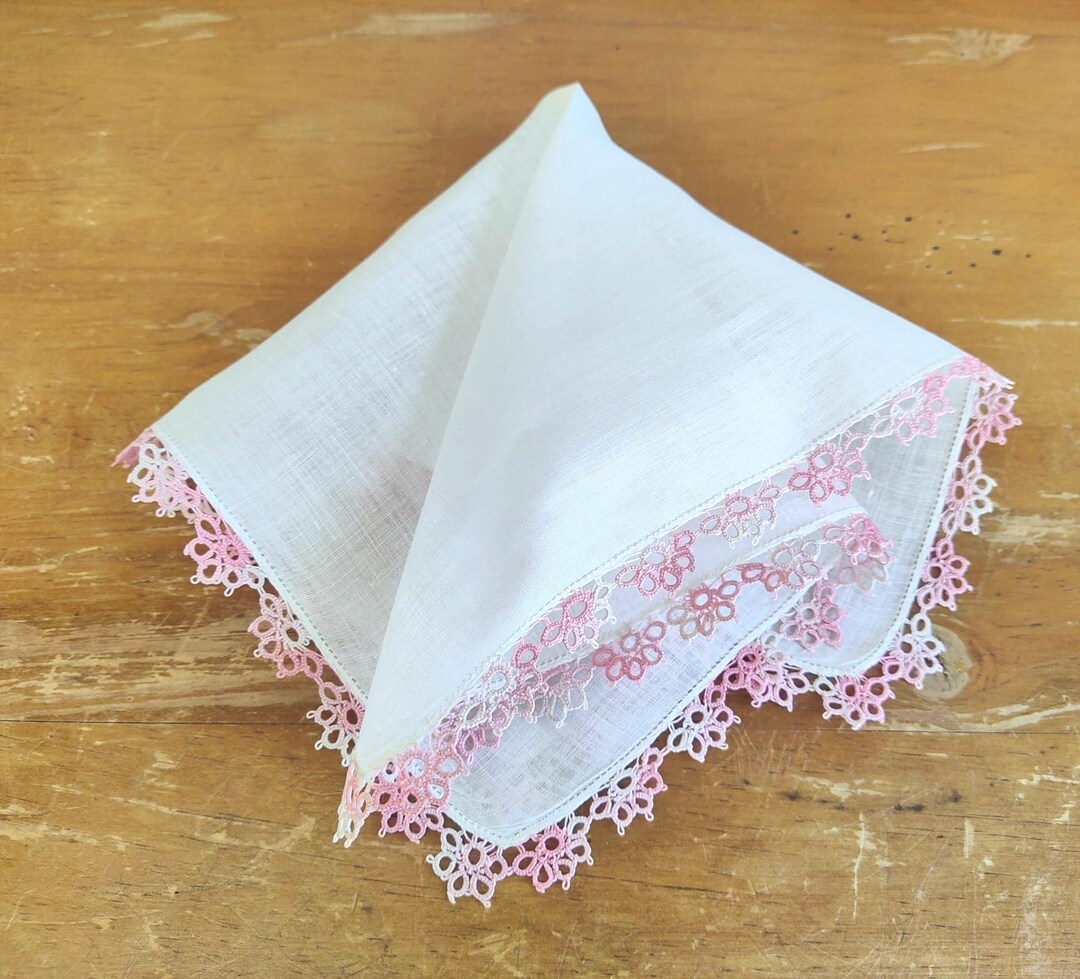 Vintage Hanky Handkerchief With Pink Hand Tatted Trim - Etsy