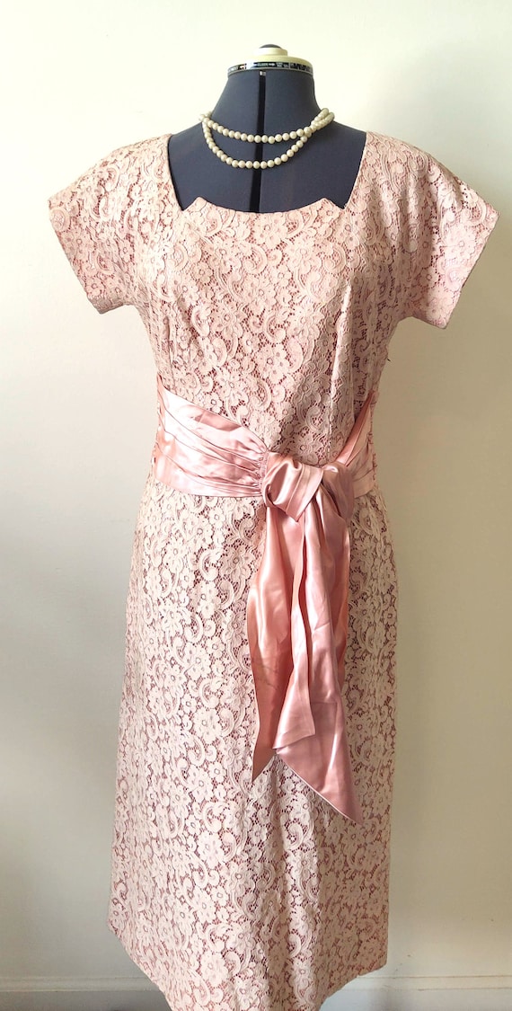Vintage 1950s Party Dress Pink Lace Cocktail Dress: F… - Gem