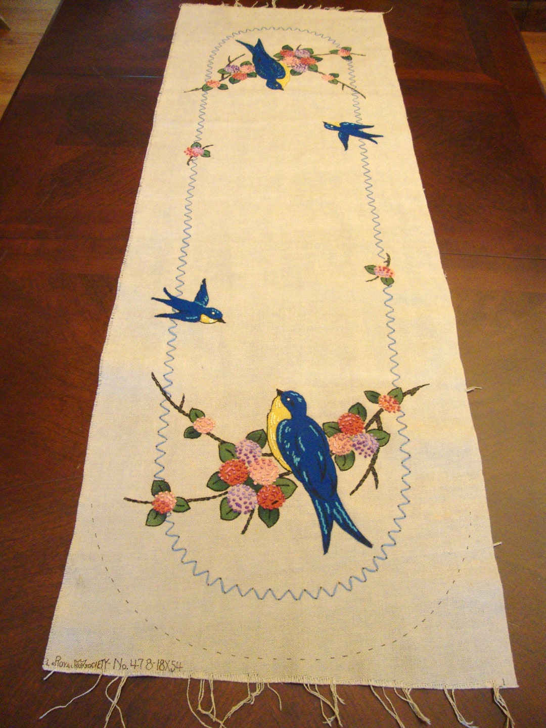 Antique Table Runner SILK Embroidered BIRDS by Royal Society No. 478 18 ...