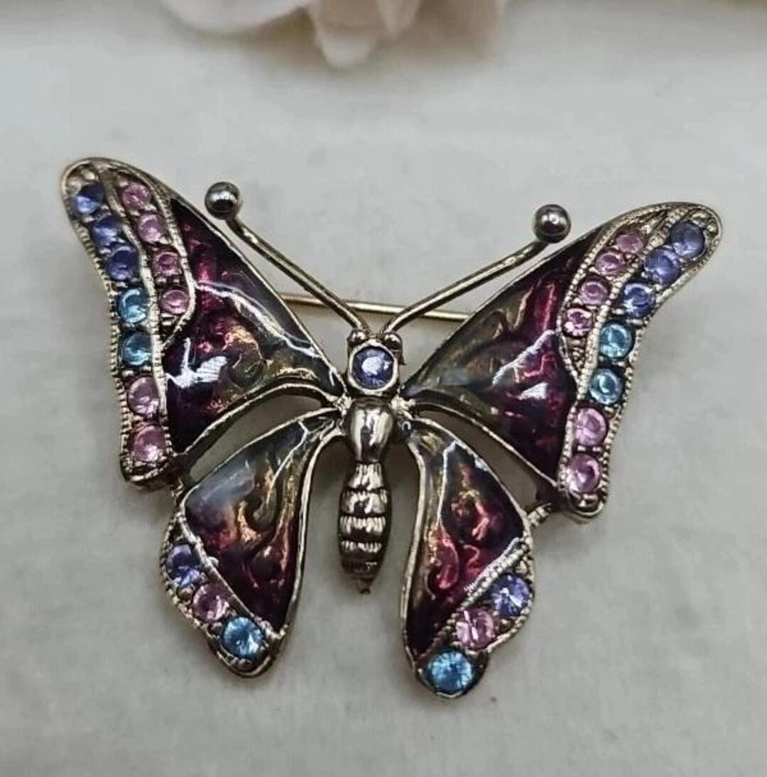 Vintage LC Liz Claiborne Butterfly Brooch Enamel Faux Stone Rhinestone ...