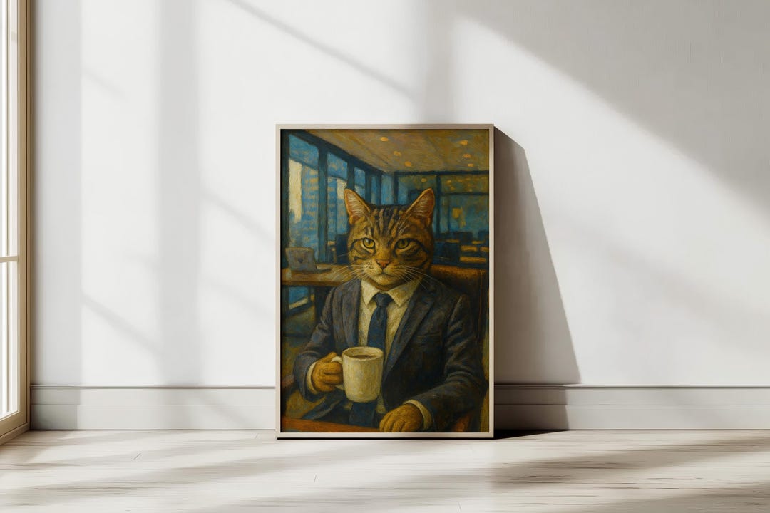 Corporate Cat Poster Drinking Coffee Wall Art | Executive Office ...