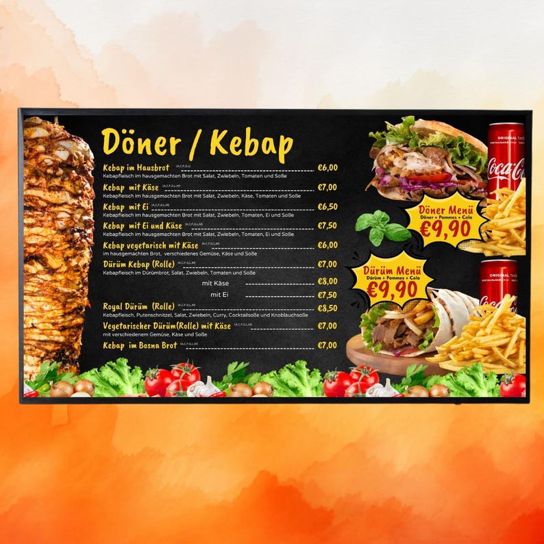 Doner Kebab Digital Restaurant Snack Bar Menu Template, TV Board ...