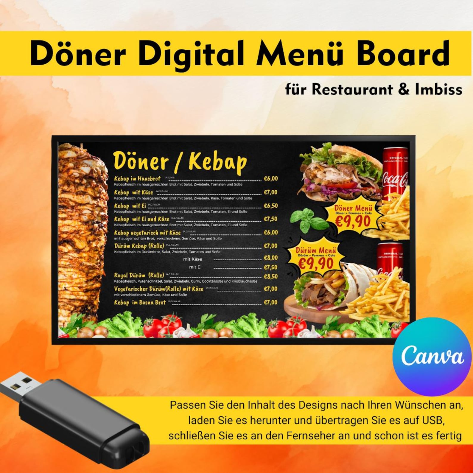 Doner Kebab Digital Restaurant Snack Bar Menu Template, TV Board ...