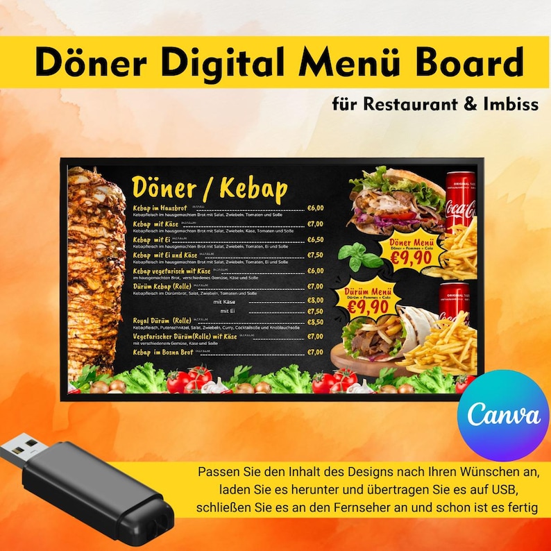 Doner Kebab Digital Restaurant Snack Bar Menu Template, TV Board ...