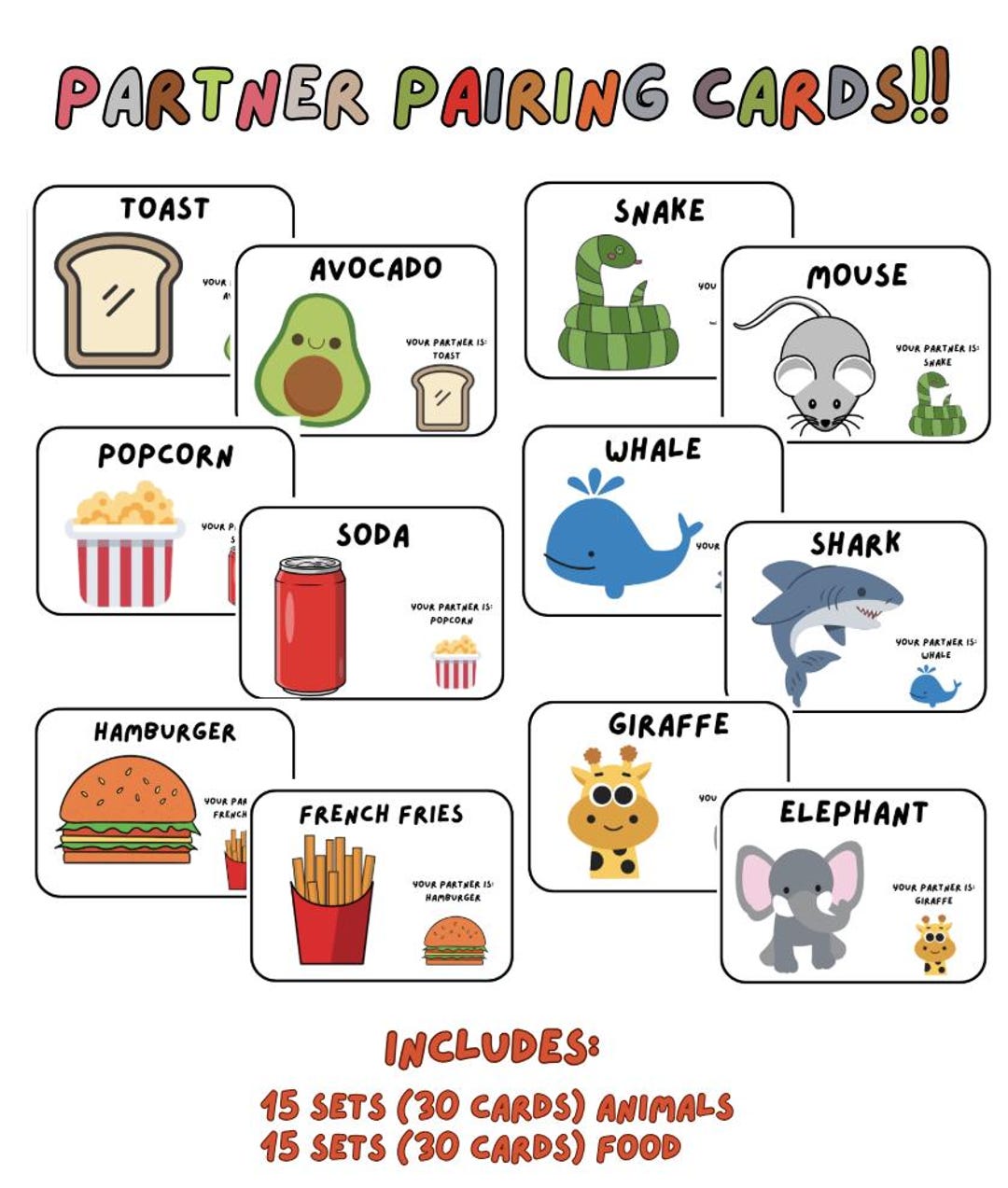 Partner Pairing Game Cards Printable (food & Animal Match Cards ...