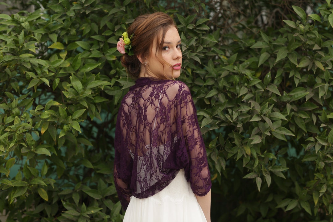 Purple Mother of Bride Sheer Shawl, Plus Size Purple Lace Bolero, Purple Loose Sleeves ...
