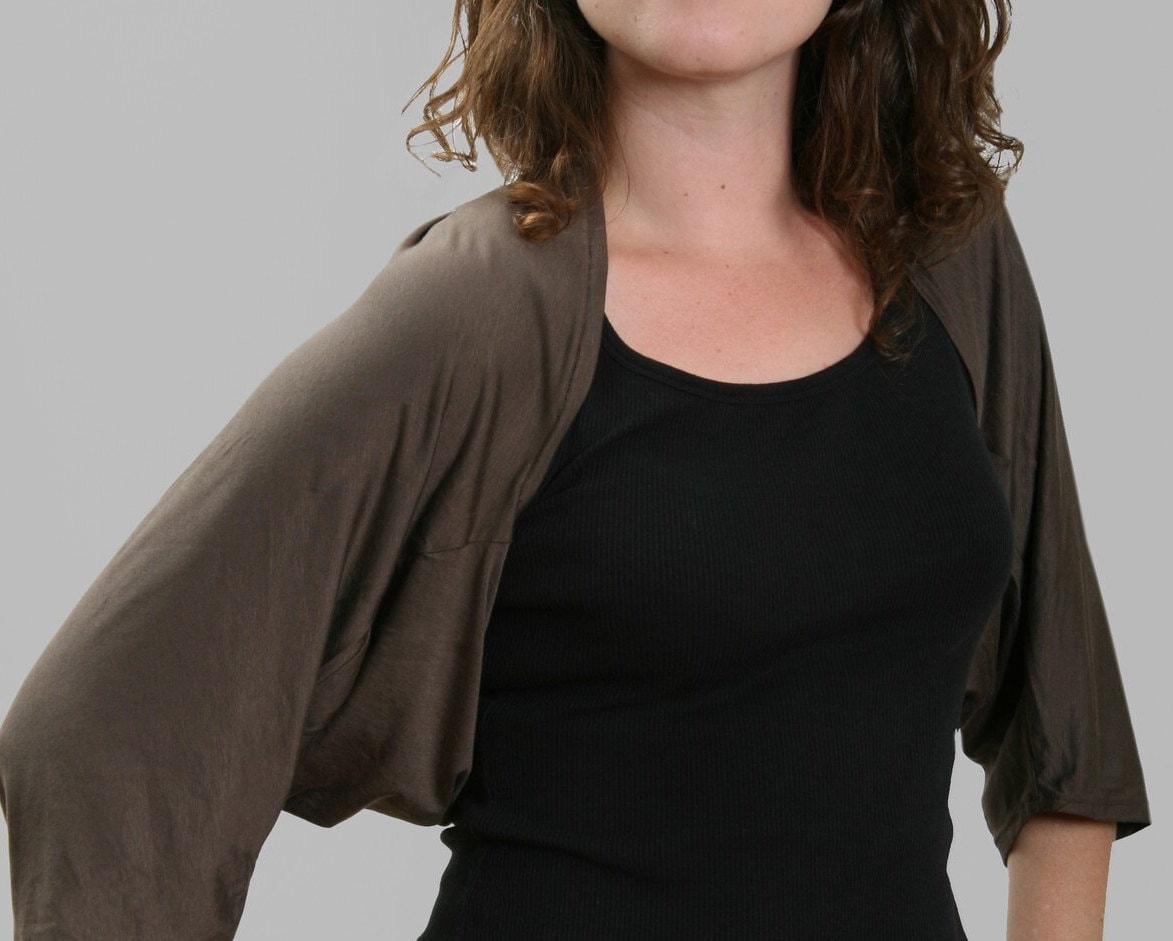 Brown Casual Everyday Bolero Jacket, Dark Brown 3/4 Sleeve Batwing ...