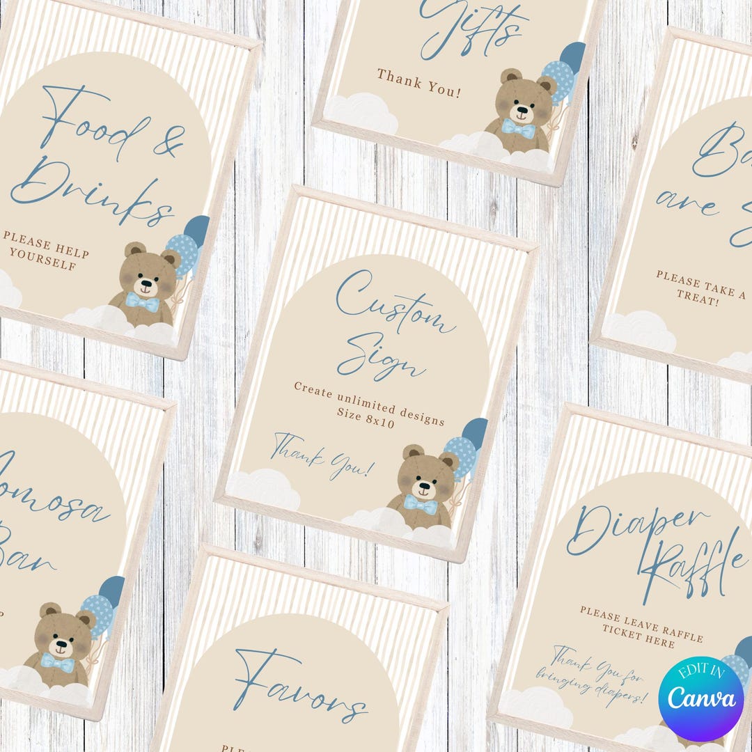 Teddy Bear Baby Shower Sign Set | Editable Canva Template (digital ...