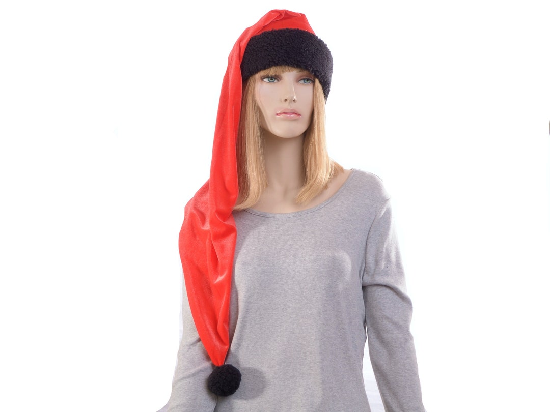 Long Stocking Cap Red Velvet Black Sherpa Waist Length Pointed Hat ...