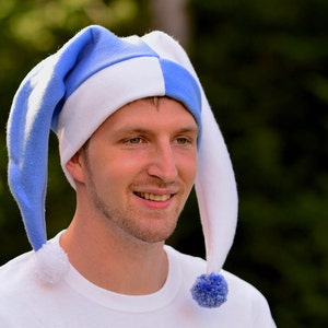 Jester Hat Sky Blue White Harlequin Cap 2 Pointed Fleece With Pompoms ...