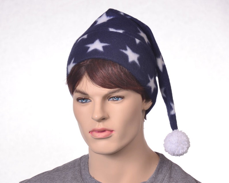 Stocking Cap Navy Blue White Stars Fleece Hat Pointed Bobble - Etsy
