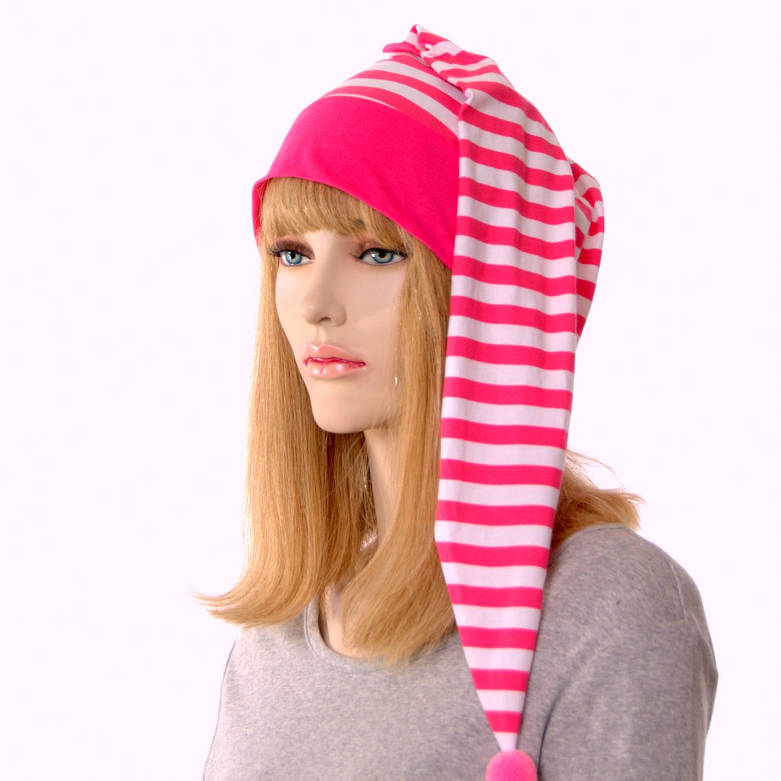 Nightcap Hot Pink White Striped Night Cap With Pompom Cotton - Etsy