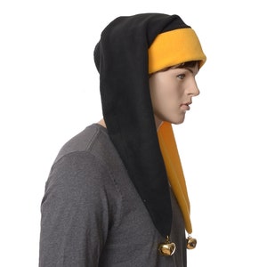 Jester Hat Extra Long Black and Gold Two Pointed Tails Fools Cap Fleece ...
