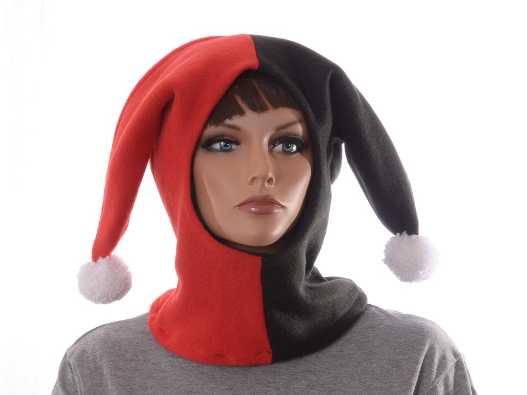 Jester Hood Red Black Hat Fleece White Pompoms Harlequin Cap Pompom ...