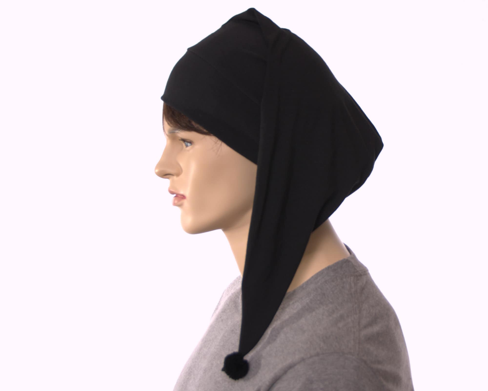 Night Cap Black Cotton Pointed Nightcap with Pompom Adult Men Women