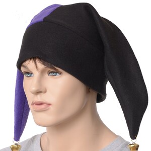 Jester Hat Black Purple Harlequin Cap With Gold Bells Fleece Costume ...