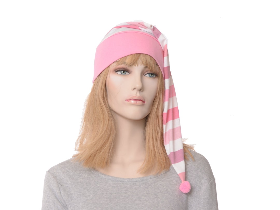Night Cap Pink Striped Pointed Handmade Nightcap With Pompom Cotton ...