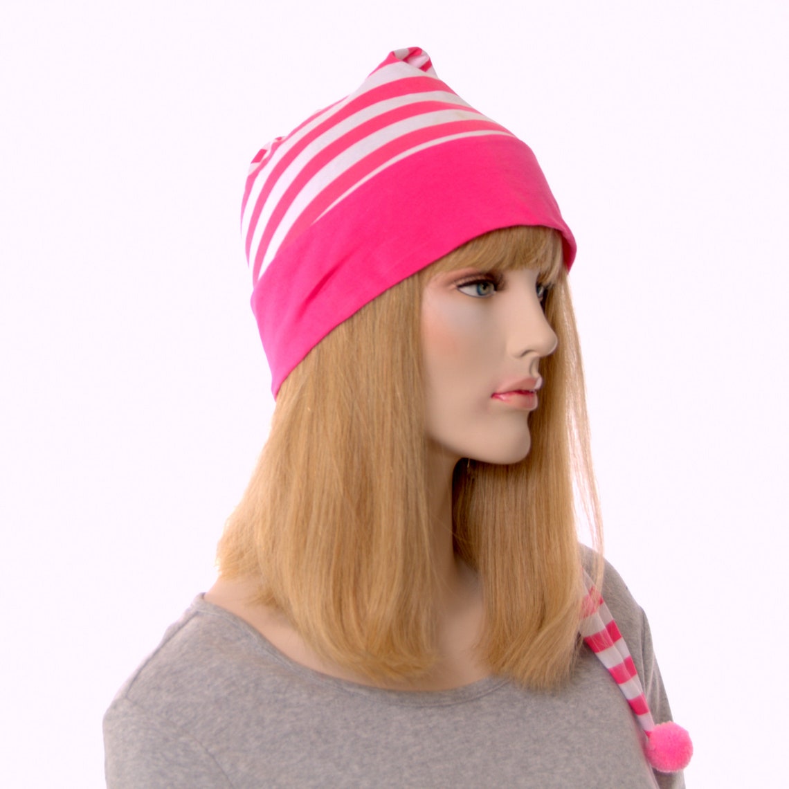 Nightcap Hot Pink White Striped Night Cap With Pompom Cotton - Etsy