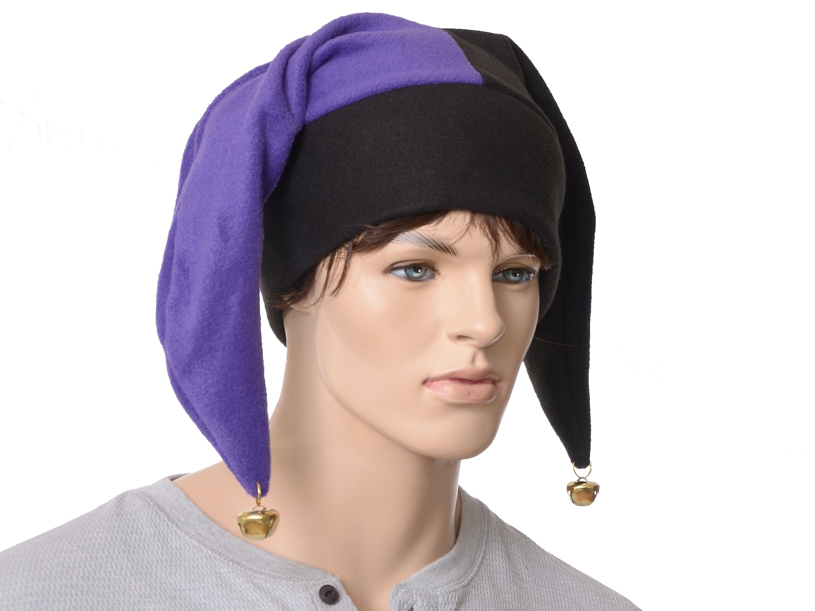 Jester Hat Black Purple Harlequin Cap With Gold Bells Fleece Costume ...