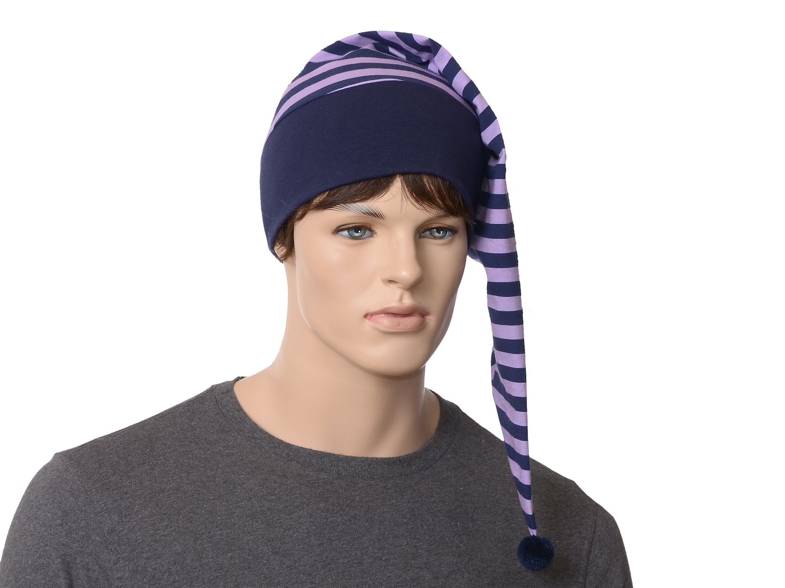 Night Cap Navy Blue Purple Striped Cotton Nightcap With Pompom Adult ...