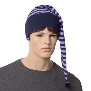 Night Cap Navy Blue Purple Striped Cotton Nightcap With Pompom Adult ...